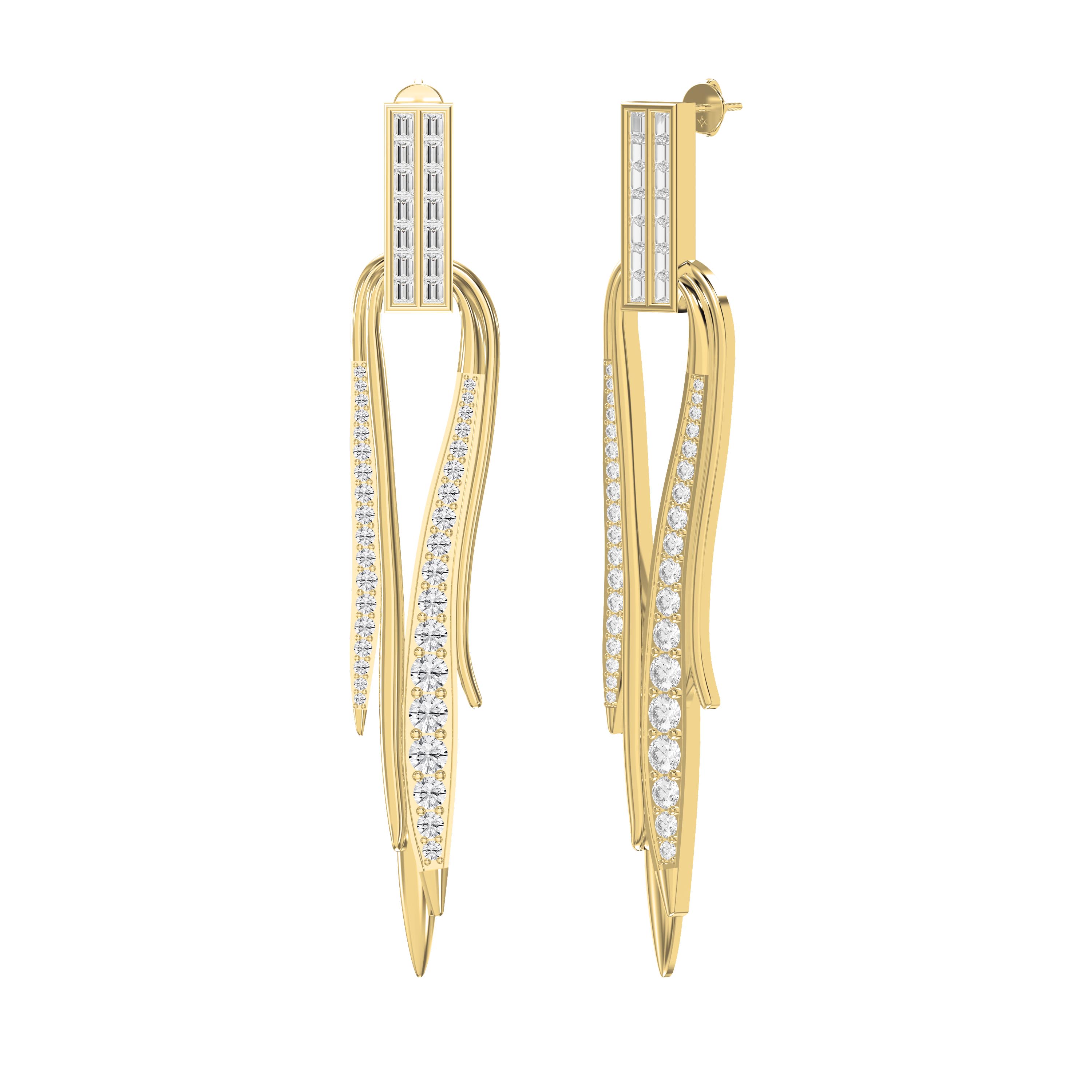 Baguette & Round Diamond Long Statement Earrings | Lab-Grown & Natural ...